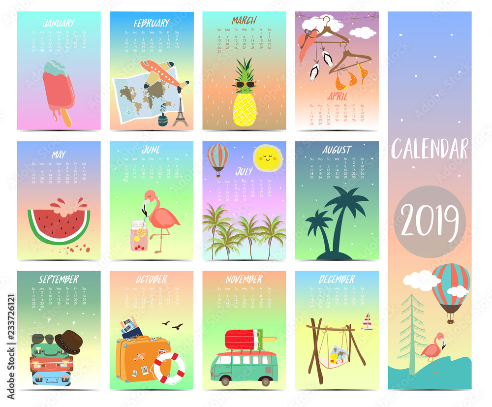 Doodle calendar set 2019 with beach,sea,flamingo,pineapple,watermelon ...
