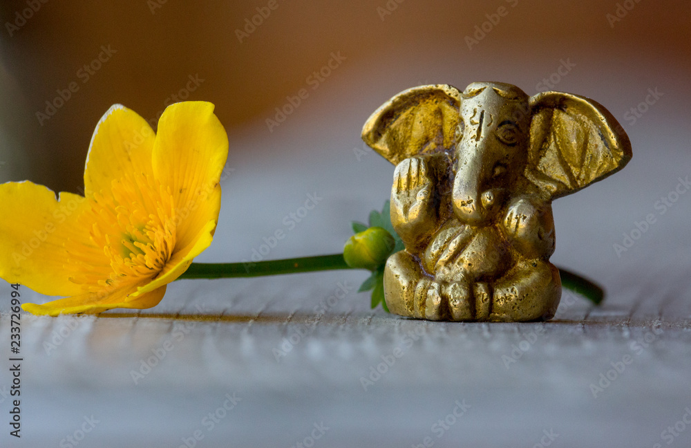 Ganesha figure with bright yellow flower closeup. Beautiful Ganesh ...
