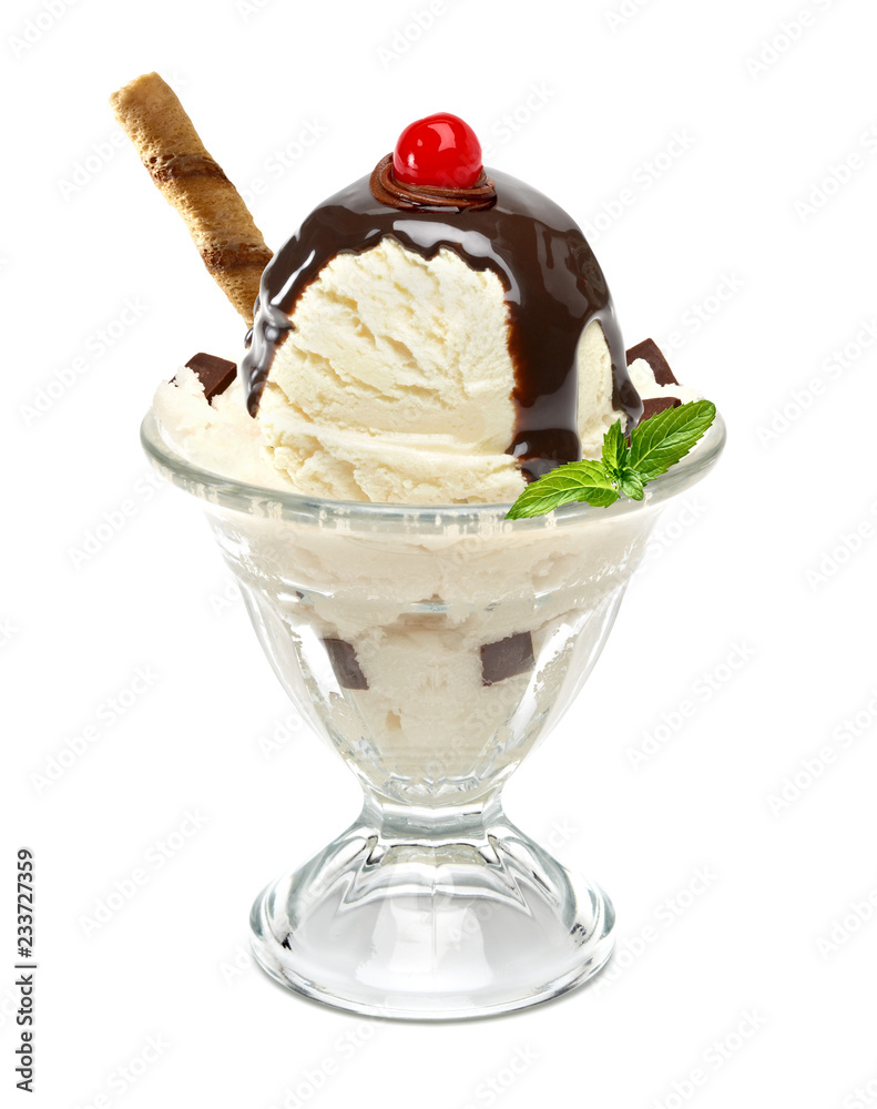 Vanilla and chocolate sundae ice cream cup with sauce and wafer ...