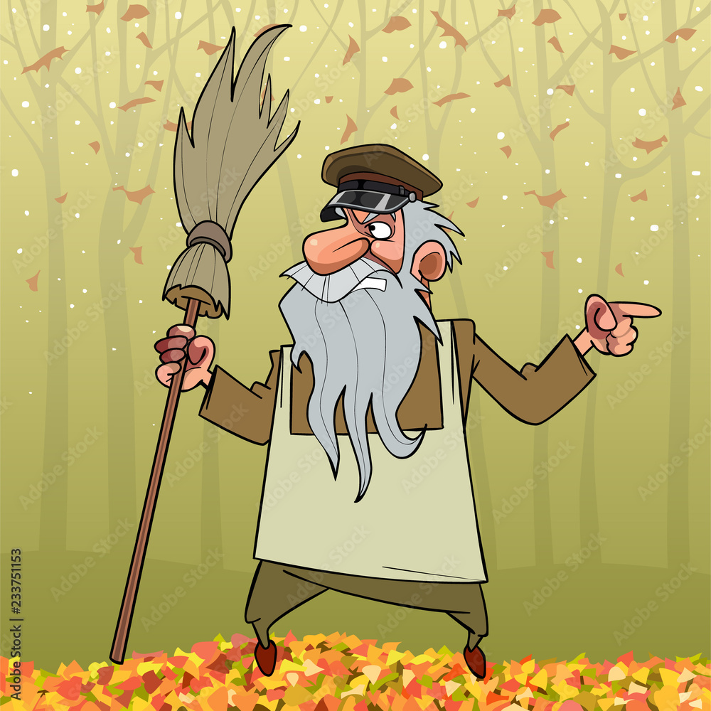 cartoon janitor stands with a broom and angrily points his finger to ...