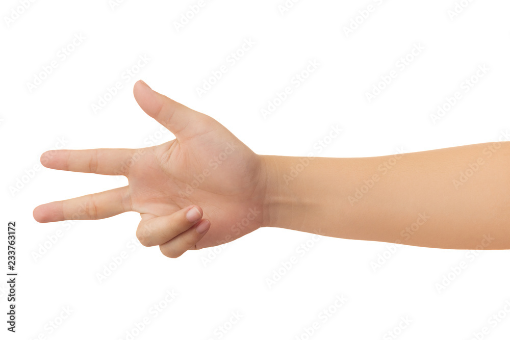 Human hand in reach out one's hand and counting number three fingers ...