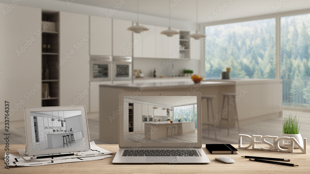 Architect designer desktop concept, laptop and tablet on wooden work ...