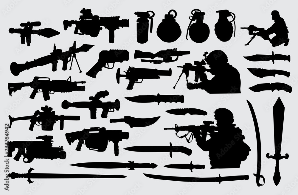 Weapon, gun, knife, sword and soldier. Good use for symbol, logo, web ...