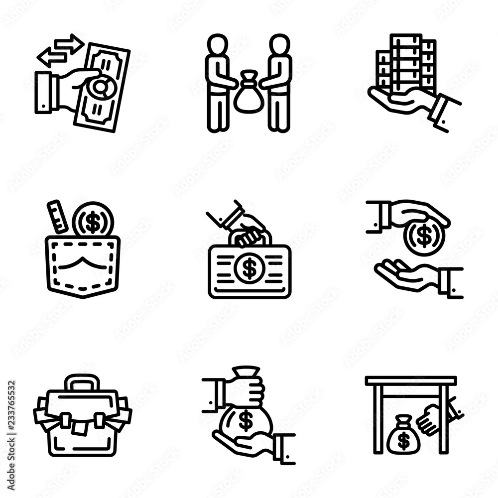 Corruption money icon set. Outline set of 9 corruption money vector ...