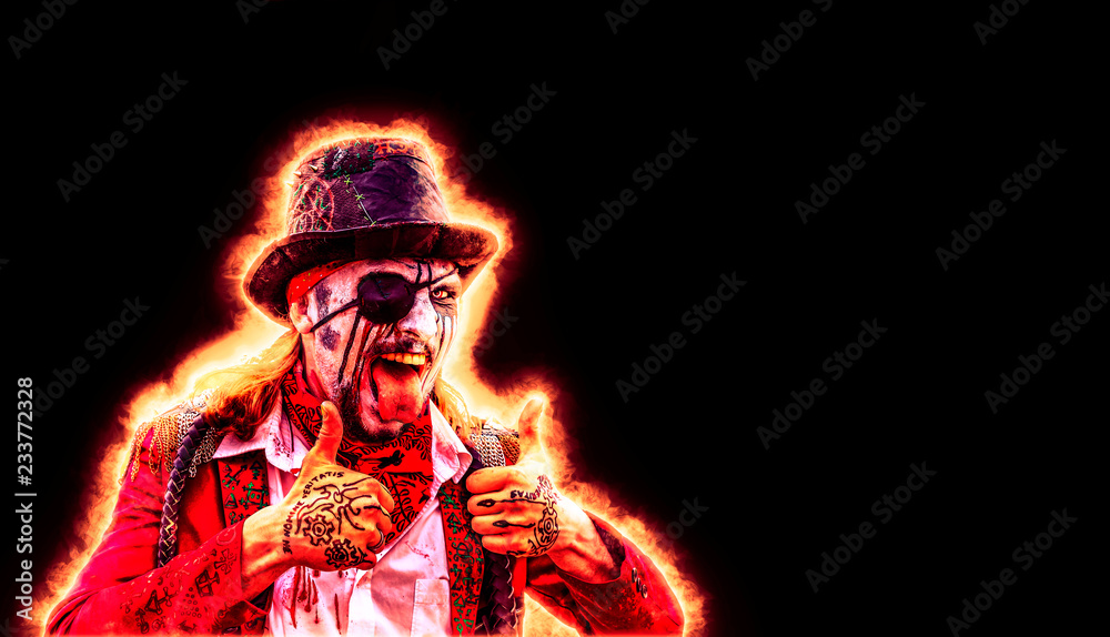 crazy pirate with an eye patch and fire around the silhouette shows the ...