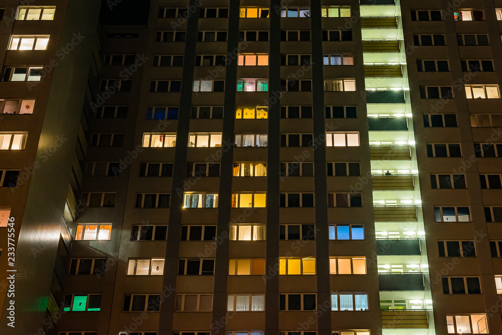 high rise facade at night, High-rise facade at night, DDR Plattenbau ...
