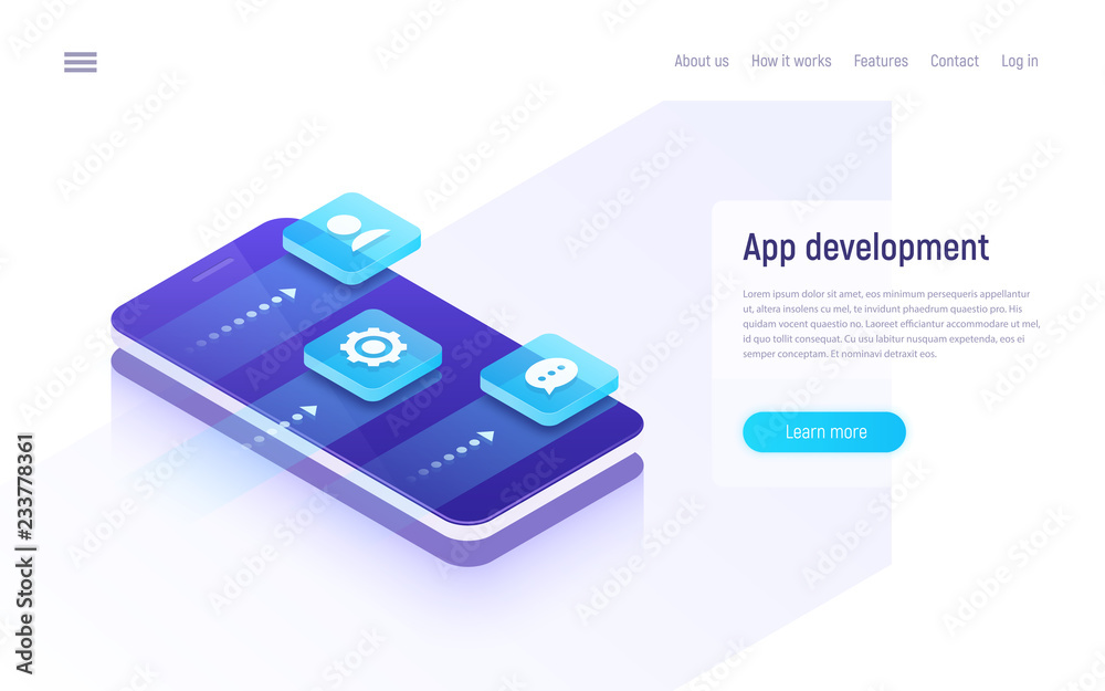 Mobile app development isometric concept. Vector illustration. Stock ...