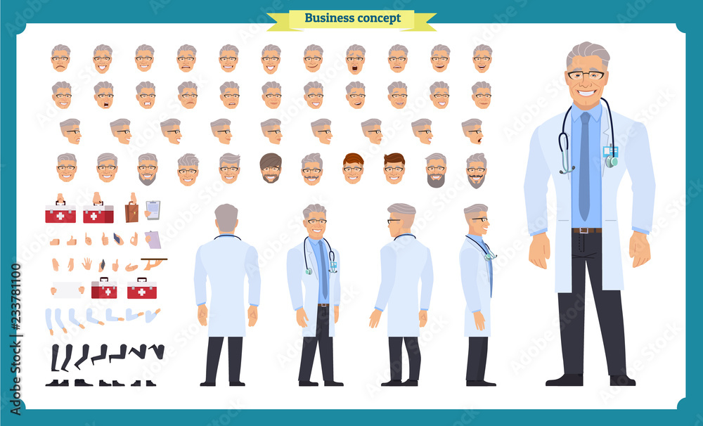 Front, side, back view animated character. Doctor character creation ...