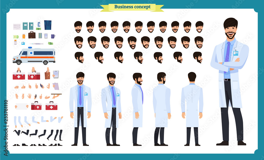 Front, side, back view animated character. Doctor character creation ...