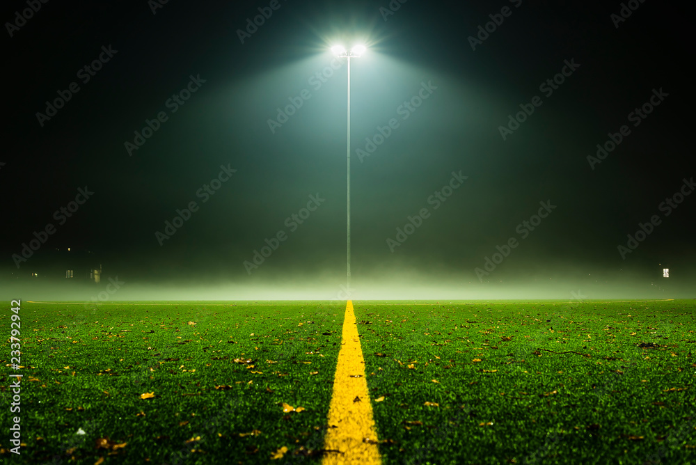 Foggy Footballfield, Soccer, football field at night with fog, lantern ...