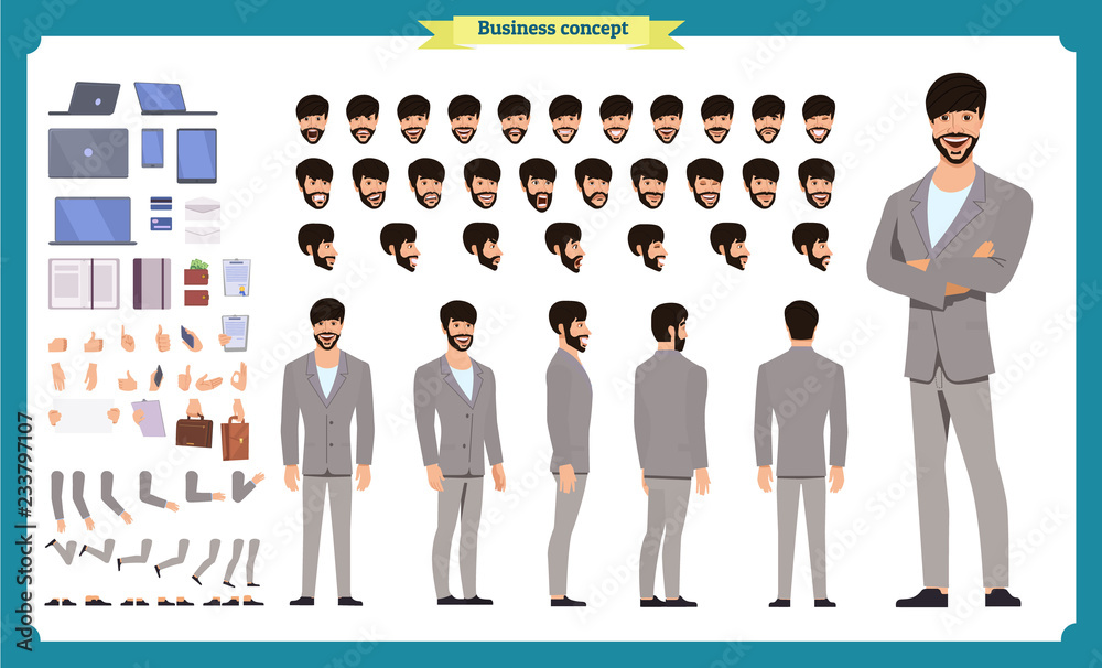 Vetor de Front, side, back view animated character. Manager character ...