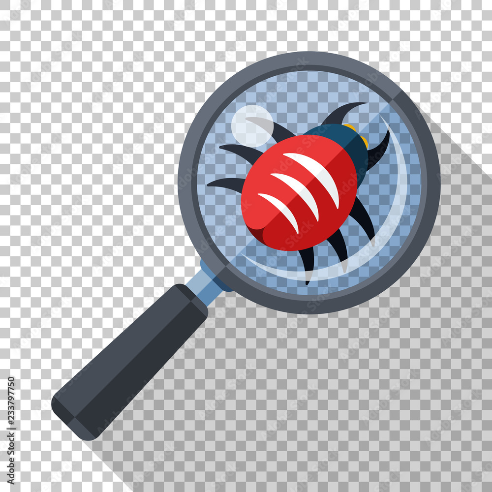 Bug under a magnifying glass. Concept of antivirus scanning icon in ...