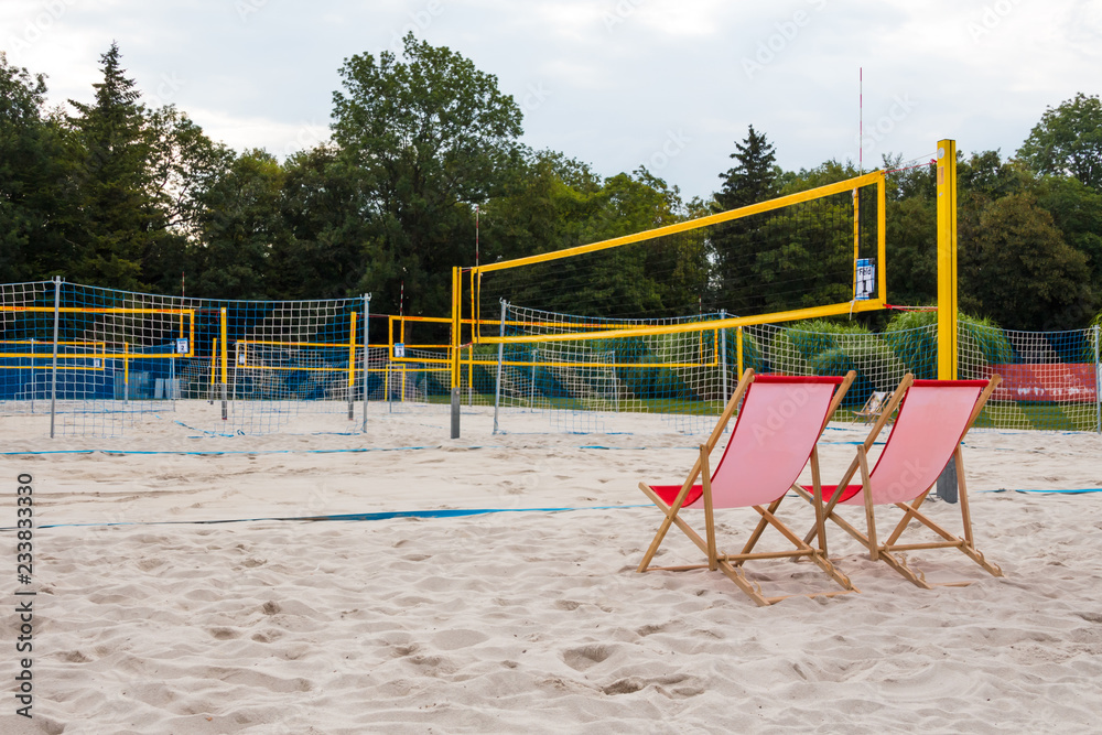 chair referee in the playground on the volleyball beach. Volleyball ...