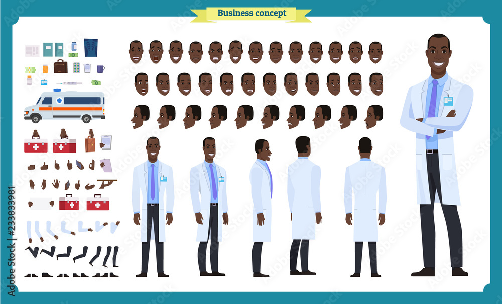 Front, side, back view animated black american character. Doctor ...