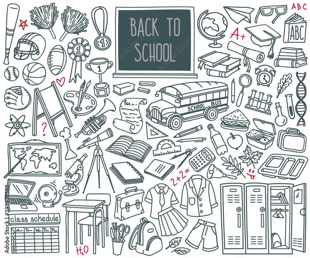 Back to School doodle set. Sport, art, reading, science, geography ...