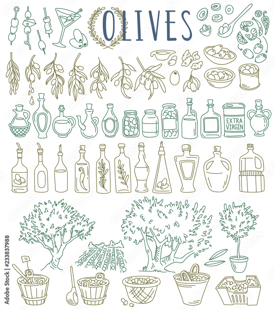 Vecteur Stock Olives doodles set. Fresh, stuffed, green, black, canned ...