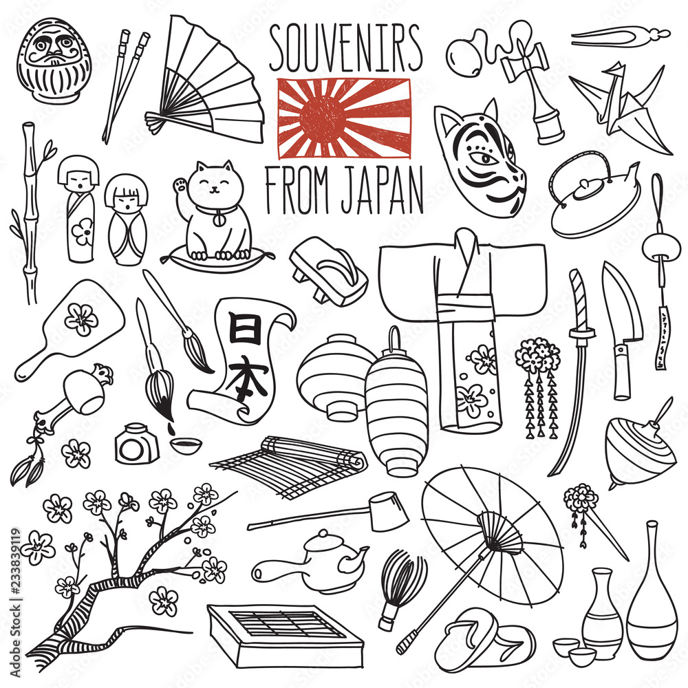 Traditional souvenirs from Japan doodles set. Japanese hieroglyphs on ...