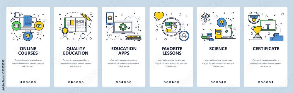 Vector web site linear art onboarding screens template. Online courses ...