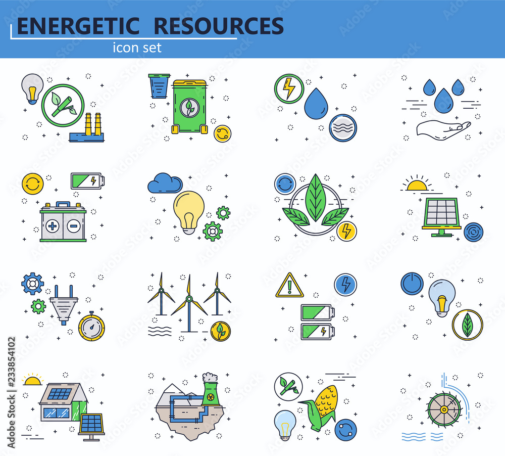 Vector set of renewable energy sources and power plants icons in thin ...