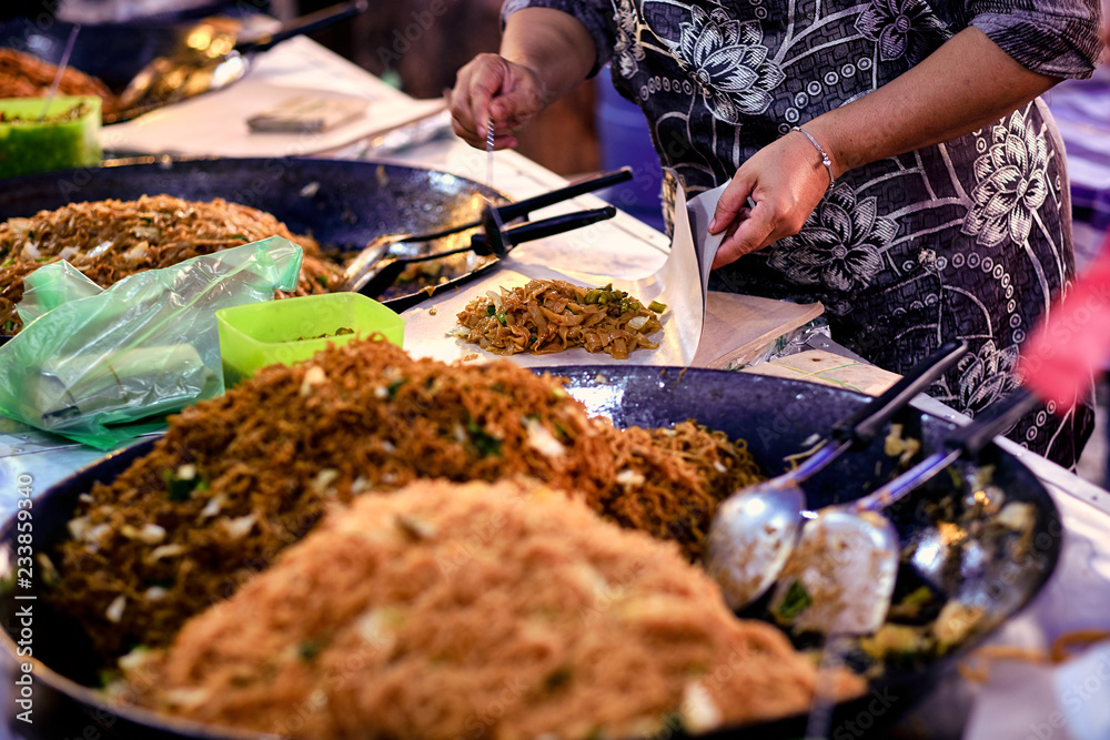 Asian, Indian and Chinese street food. Food court on local market of ...