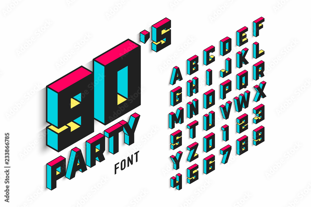 Isometric 3d font, back to the 90's alphabet letters and numbers Stock ...
