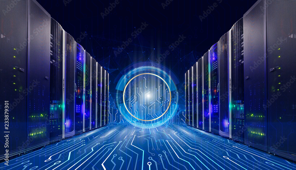 information technology concept of big data. Server room with ...