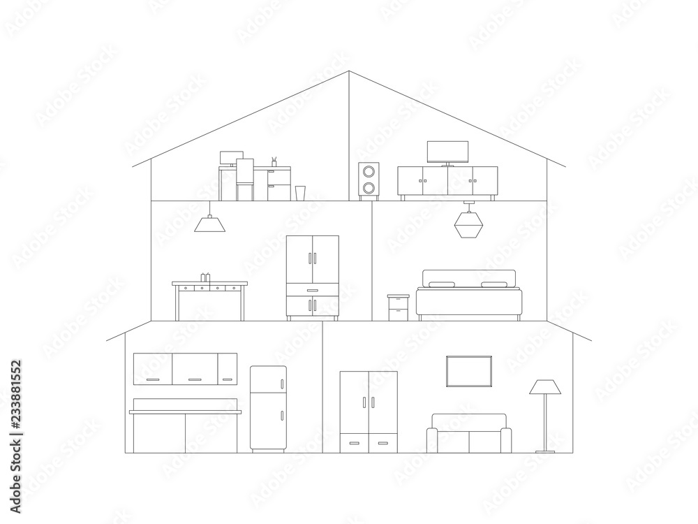 House interior with furniture cross sectional view line drawing vector ...