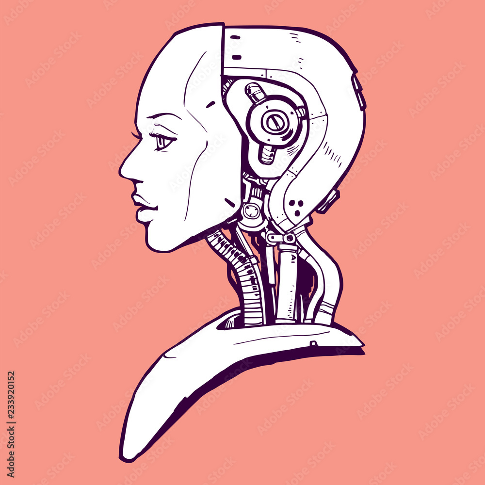 AI. Artificial Intelligence, futuristic female robot hand-drawn sketch ...