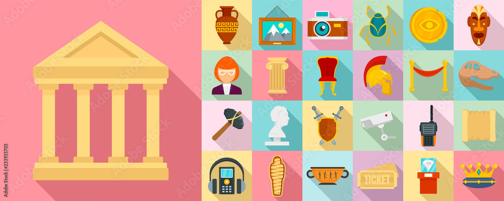 Museum icon set. Flat set of museum vector icons for web design Stock ...