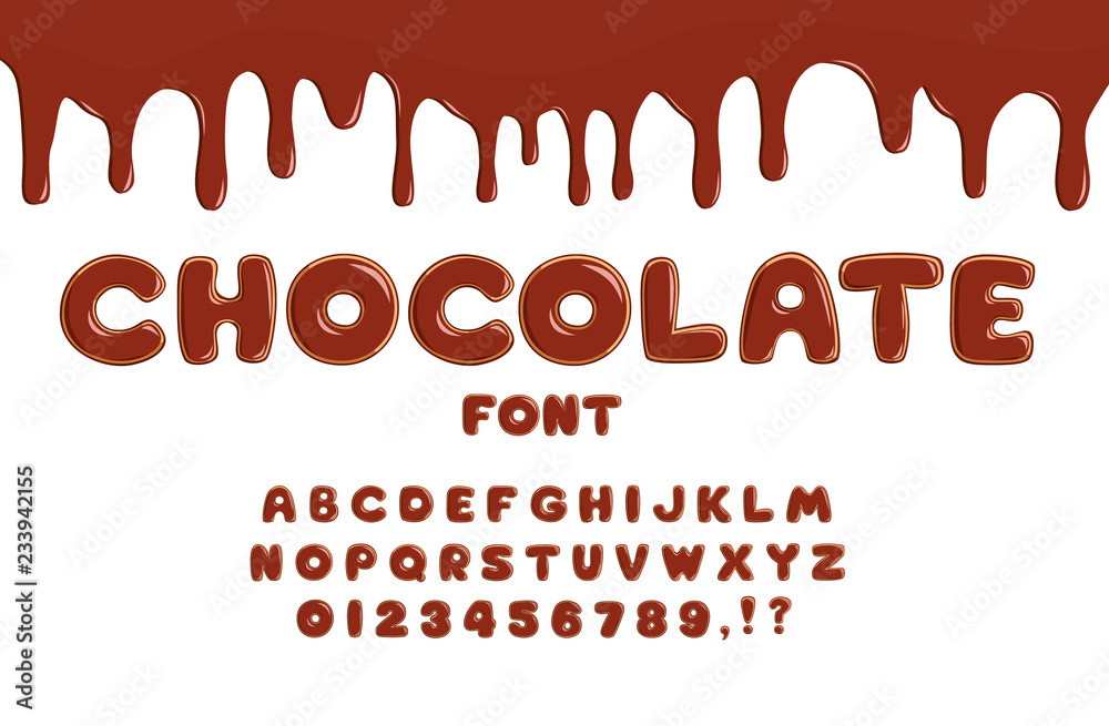 Original chocolate font and drops of dripping chocolate for printing ...