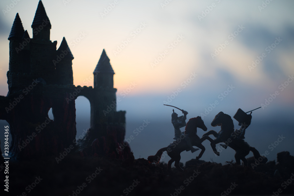 Medieval battle scene with cavalry and infantry. Silhouettes of figures ...