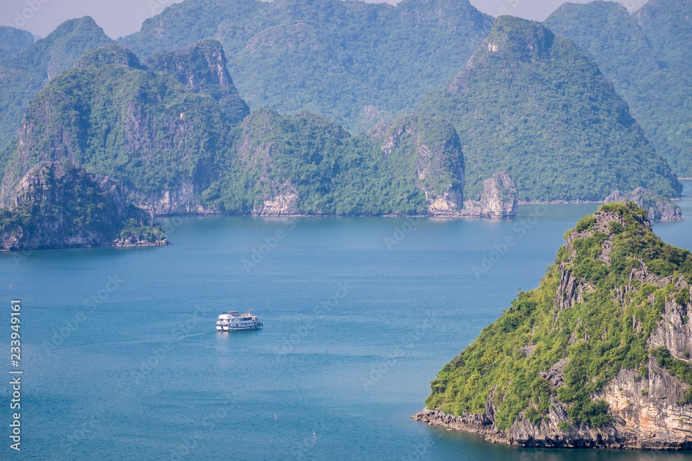 Panoramic view of Ha Long Bay in the sunset. Located in the north of ...