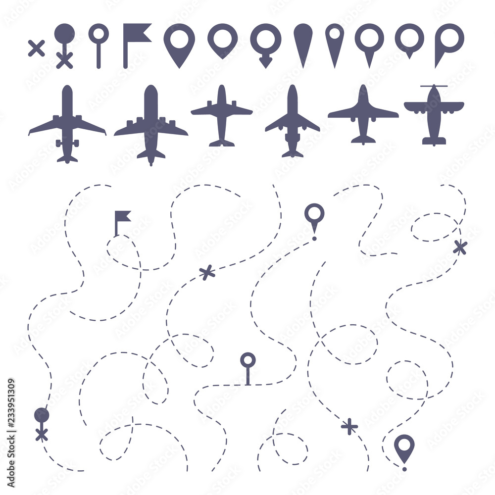 Plane route line. Planes dotted line trail directions, flight pathway ...