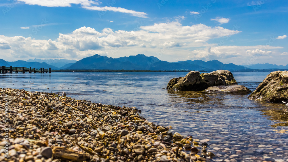 Beautiful view at the Chiemsee - Chieming - Bavaria - Germany Stock ...