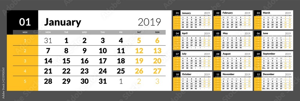 Year 2019 calendar horizontal vector design template with numbers of ...