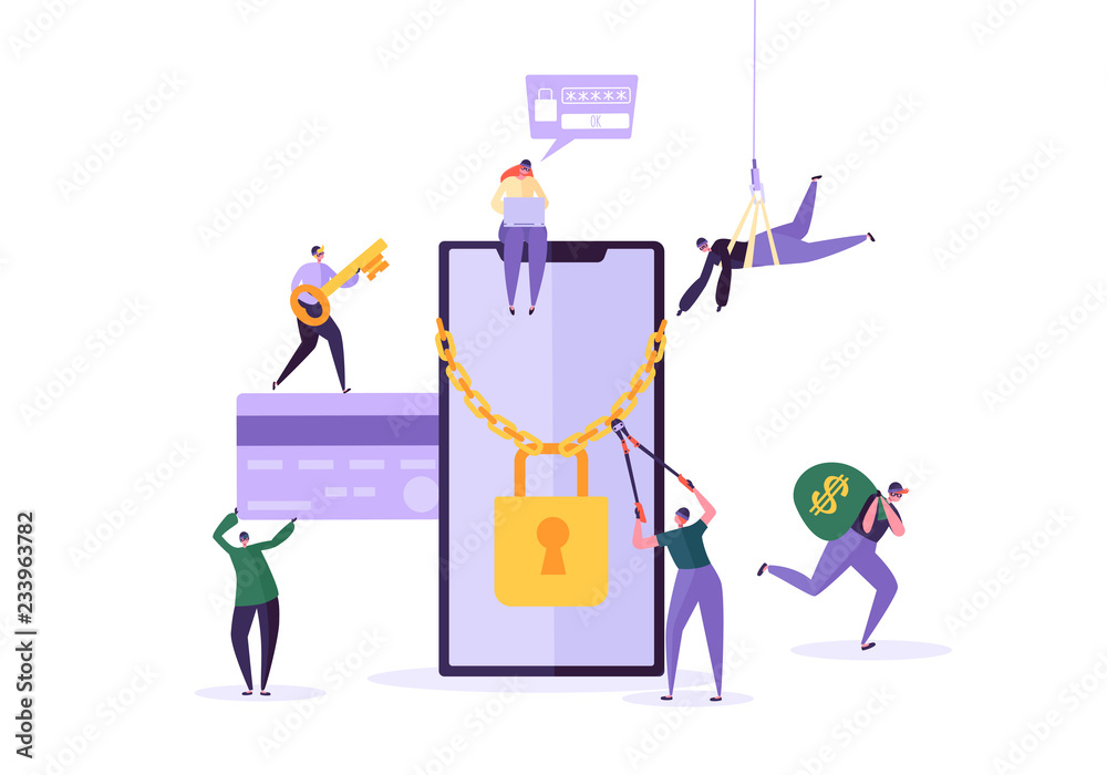 Hacker Stealing Password and Money from Smartphone. Thief Characters Hacking Mobile Phone ...