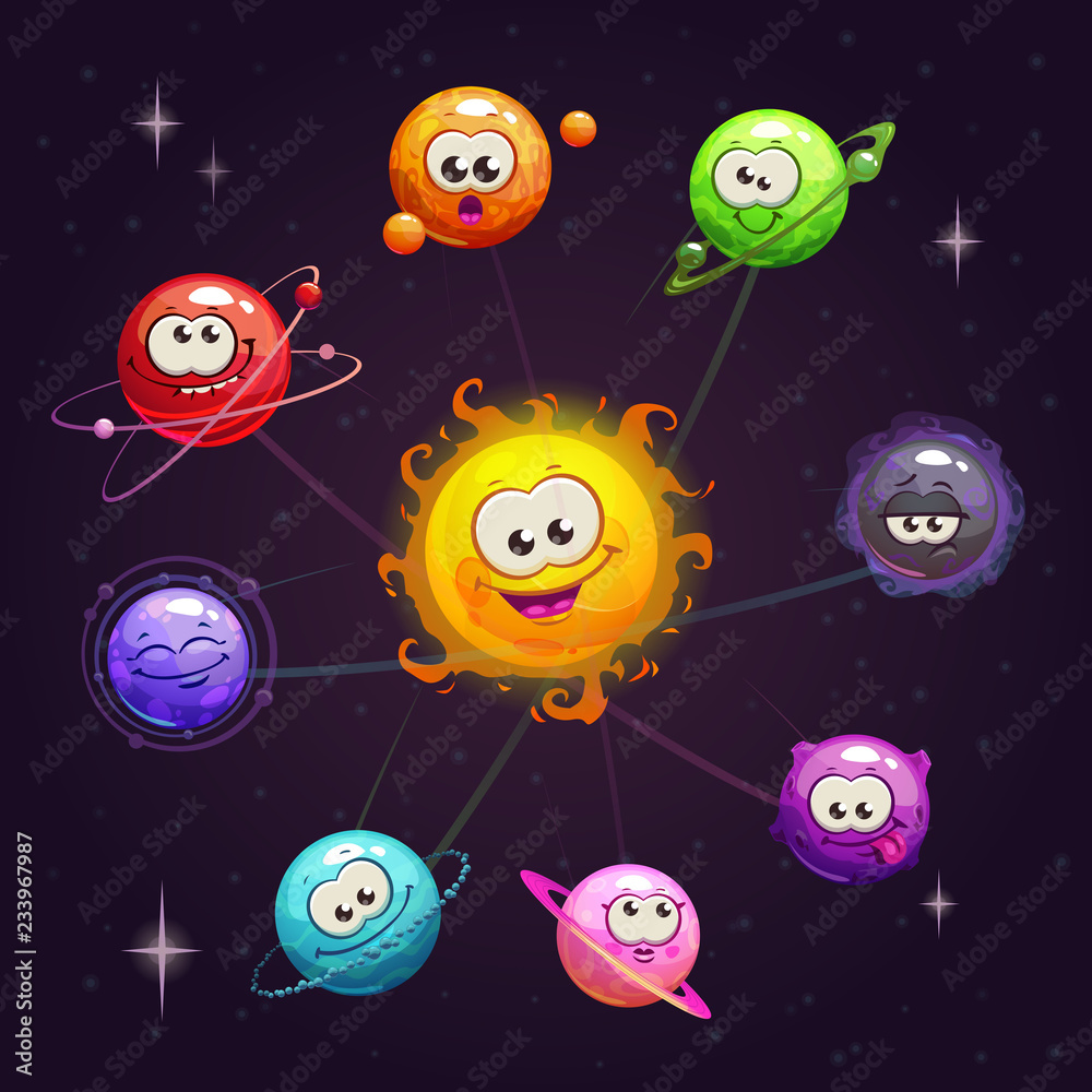 Funny cartoon fantasy solar system with colorful planet and sun ...