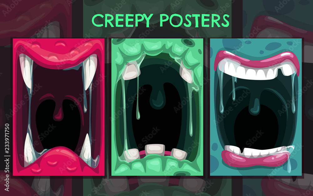 Creepy Halloween backgrounds. Monster mouth posters set. Stock Vector ...