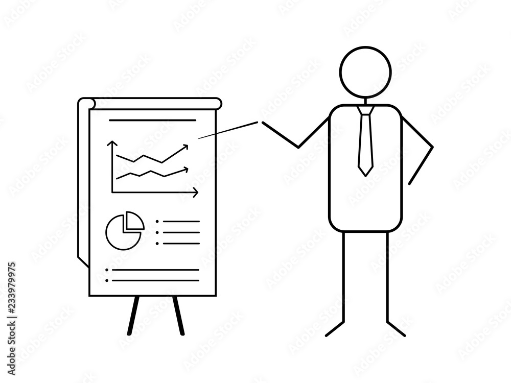 Business presentation concept. Stick figure businessman shows business ...