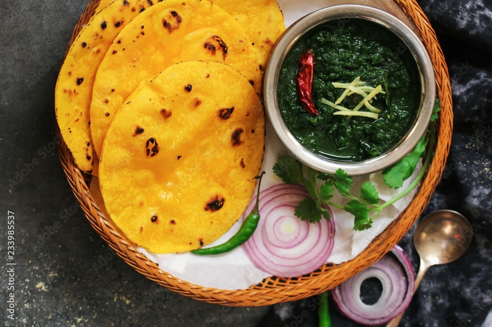 Sarson ka saag and Makki ki roti /Indian corn bread with mustard leaves ...