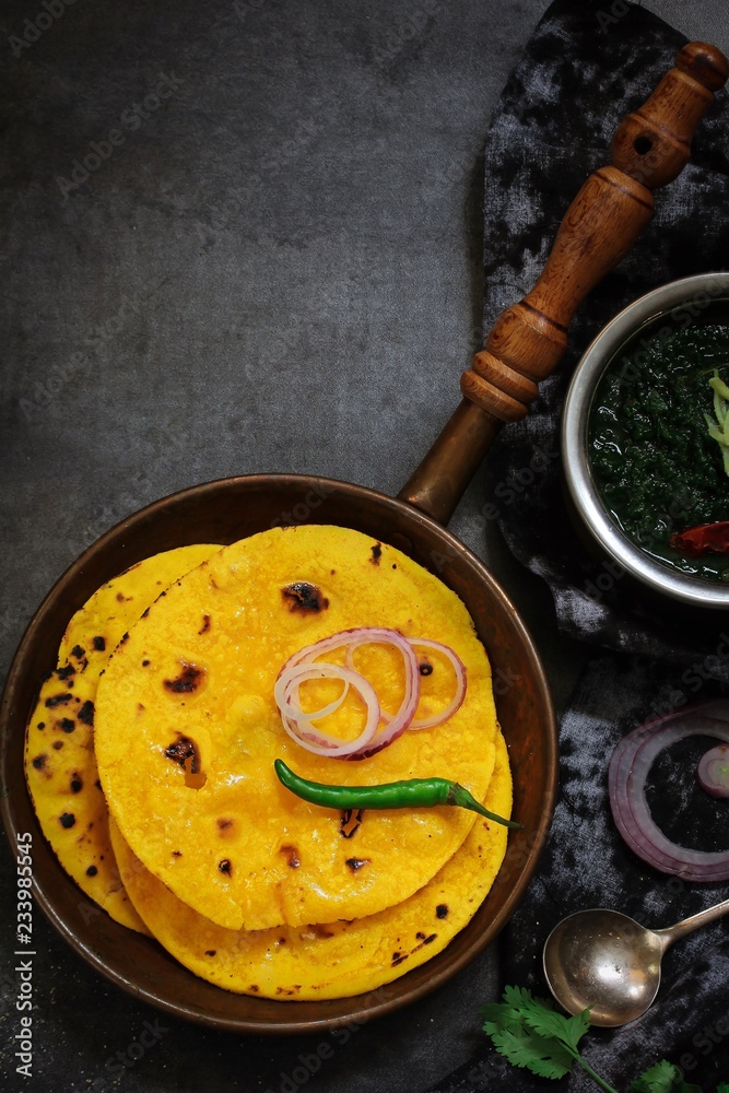 Sarson ka saag and Makki ki roti /Indian corn bread with mustard leaves ...