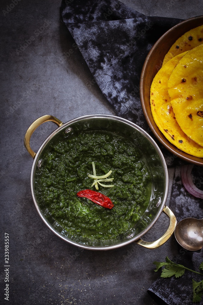 Sarson ka saag and Makki ki roti /Indian corn bread with mustard leaves ...