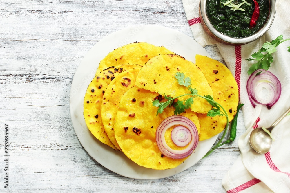 Sarson ka saag and Makki ki roti /Indian corn bread with mustard leaves ...
