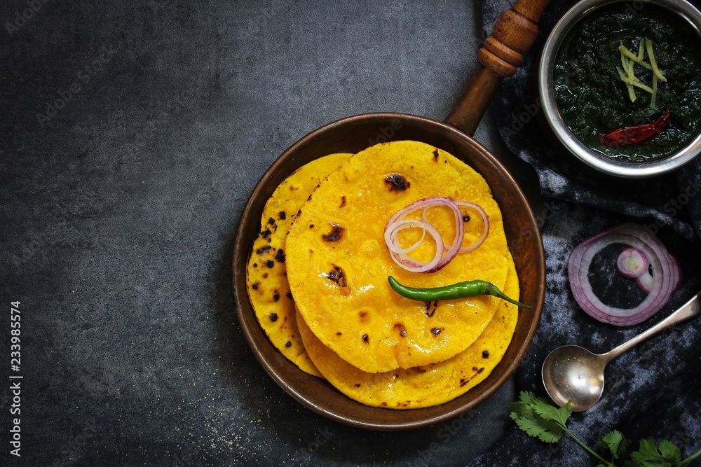 Sarson ka saag and Makki ki roti /Indian corn bread with mustard leaves ...