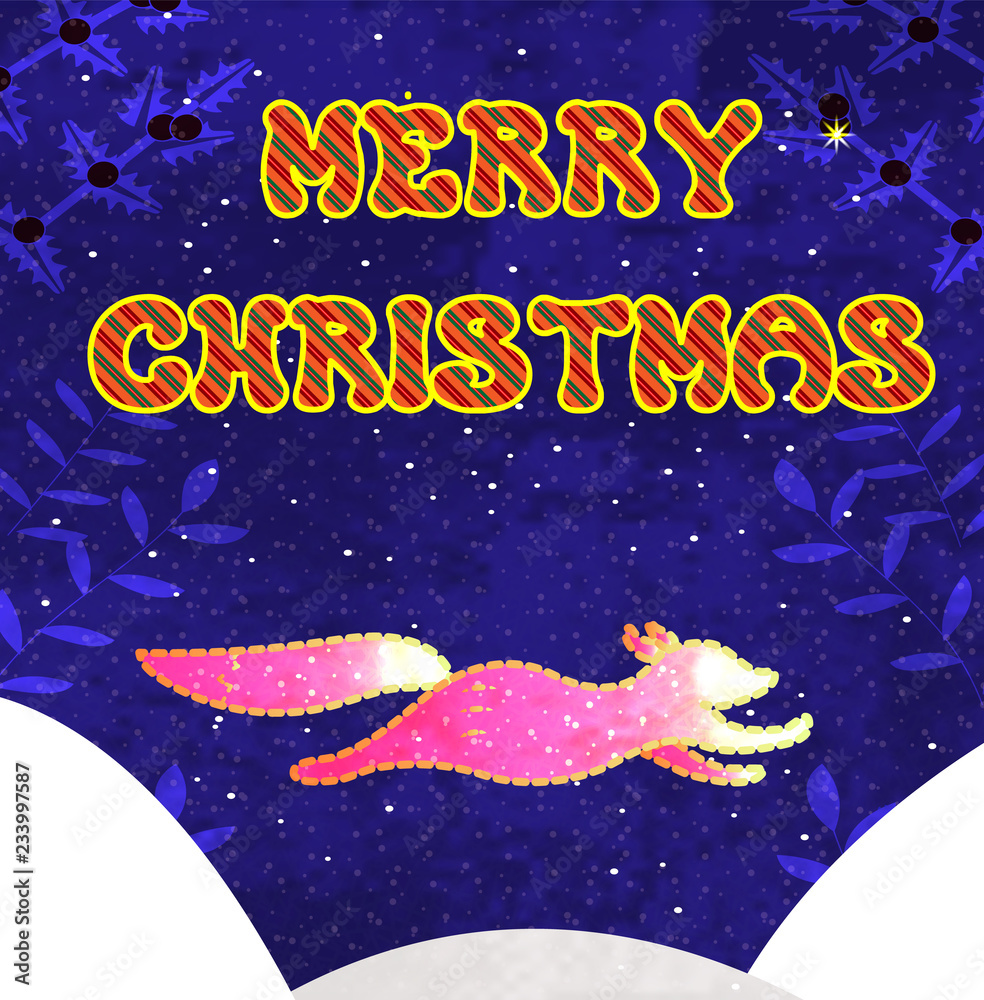 winter illustration with warm lightning fox silhouette jumping in the ...