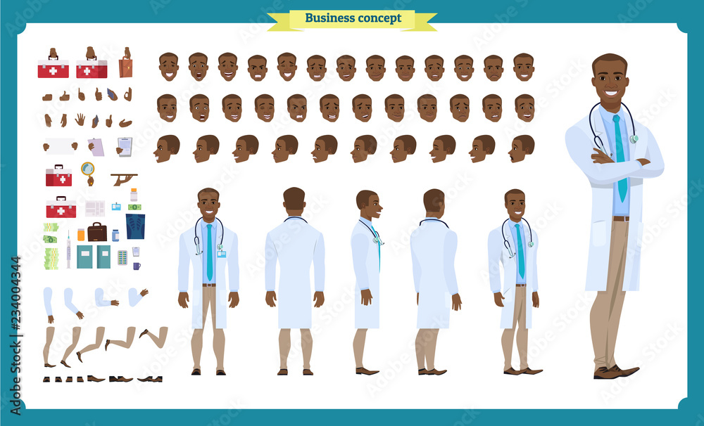 Front, side, back view animated black american character. Doctor ...