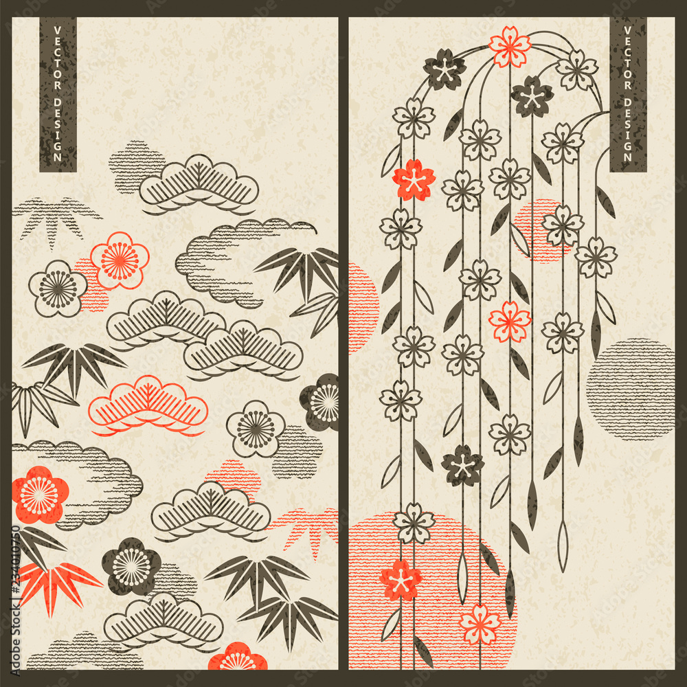 japanese set with two vector card templates withh traditional japanese ...