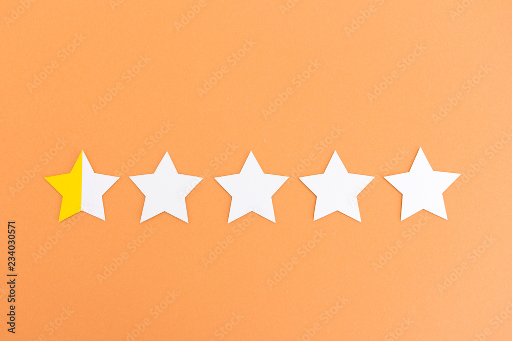 Layout of five white empty stars in row showing bad rating with first ...