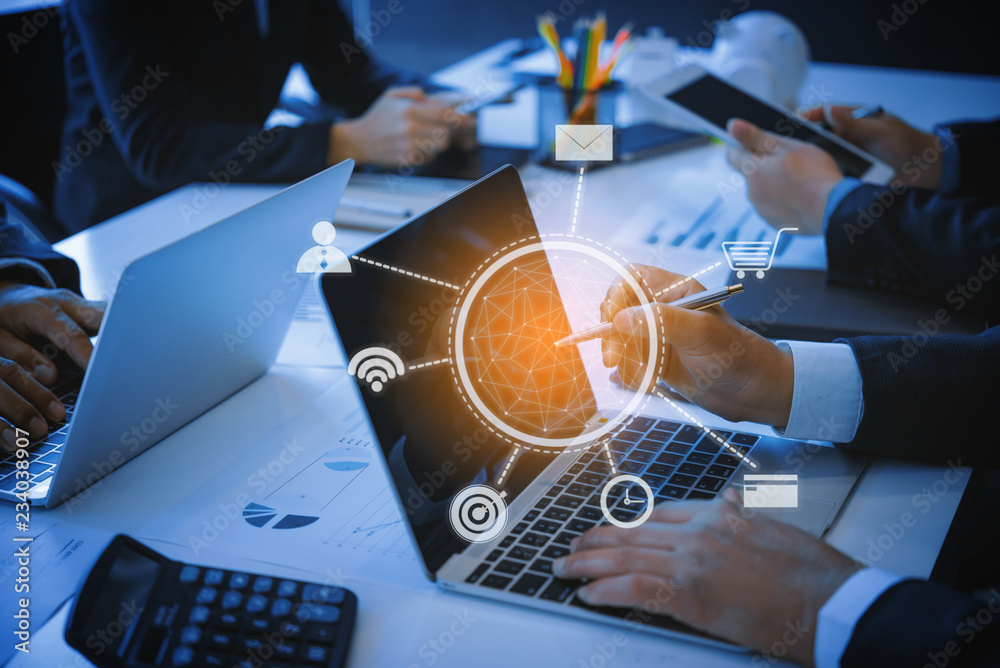 Innovations connection icons. Business team working sharing data in ...