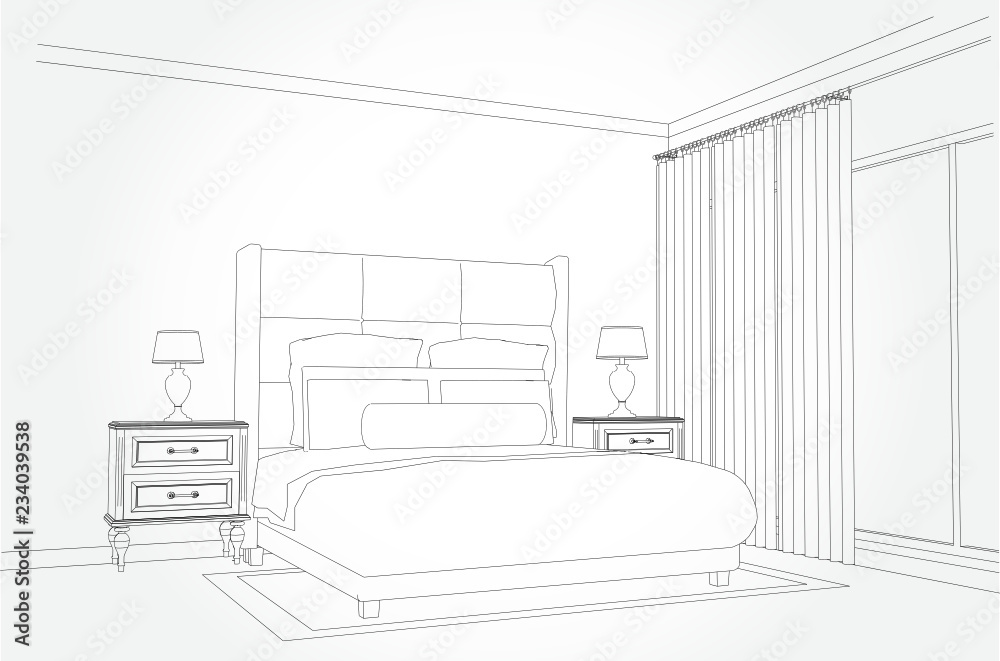 Linear sketch of an interior. Room plan. Sketch Line bedrooms. Vector ...